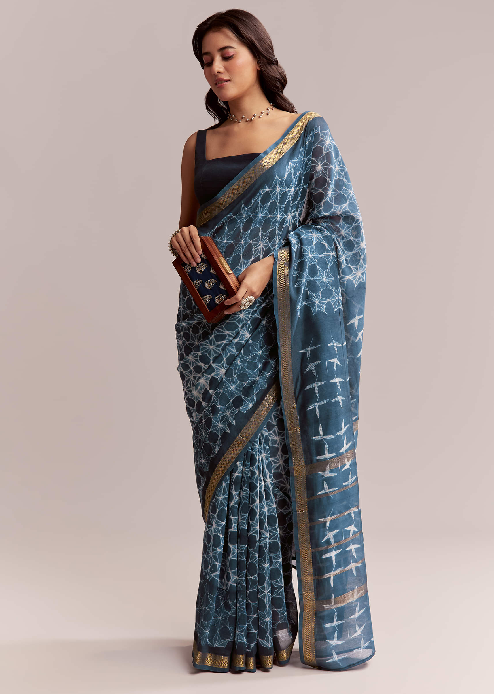 Buy Blue Linen Printed Saree With Hand Dyed Shibori Print| KALKI ...