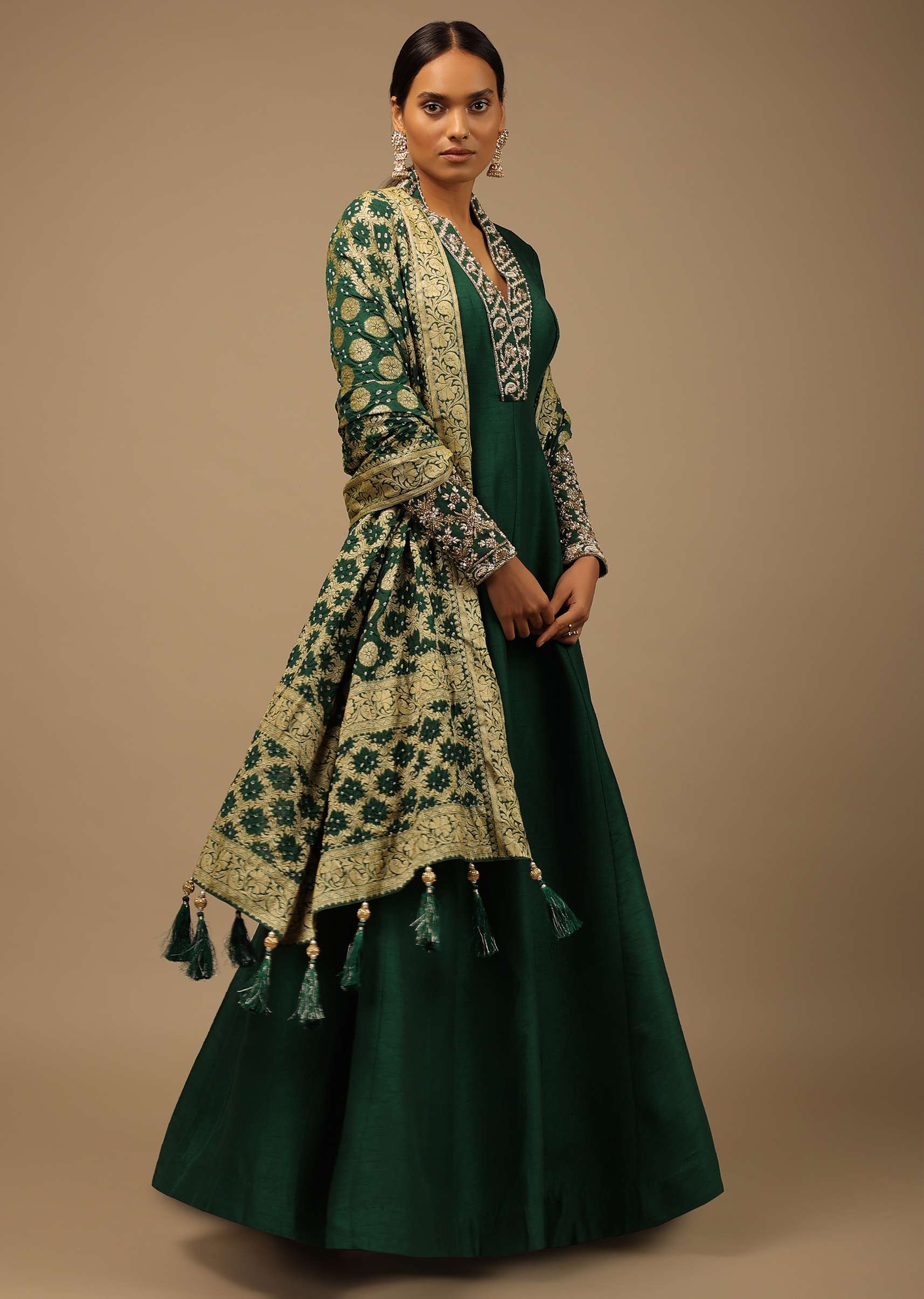 Buy Bottle Green Anarkali Suit In Raw Silk With Hand Embroidery And A ...