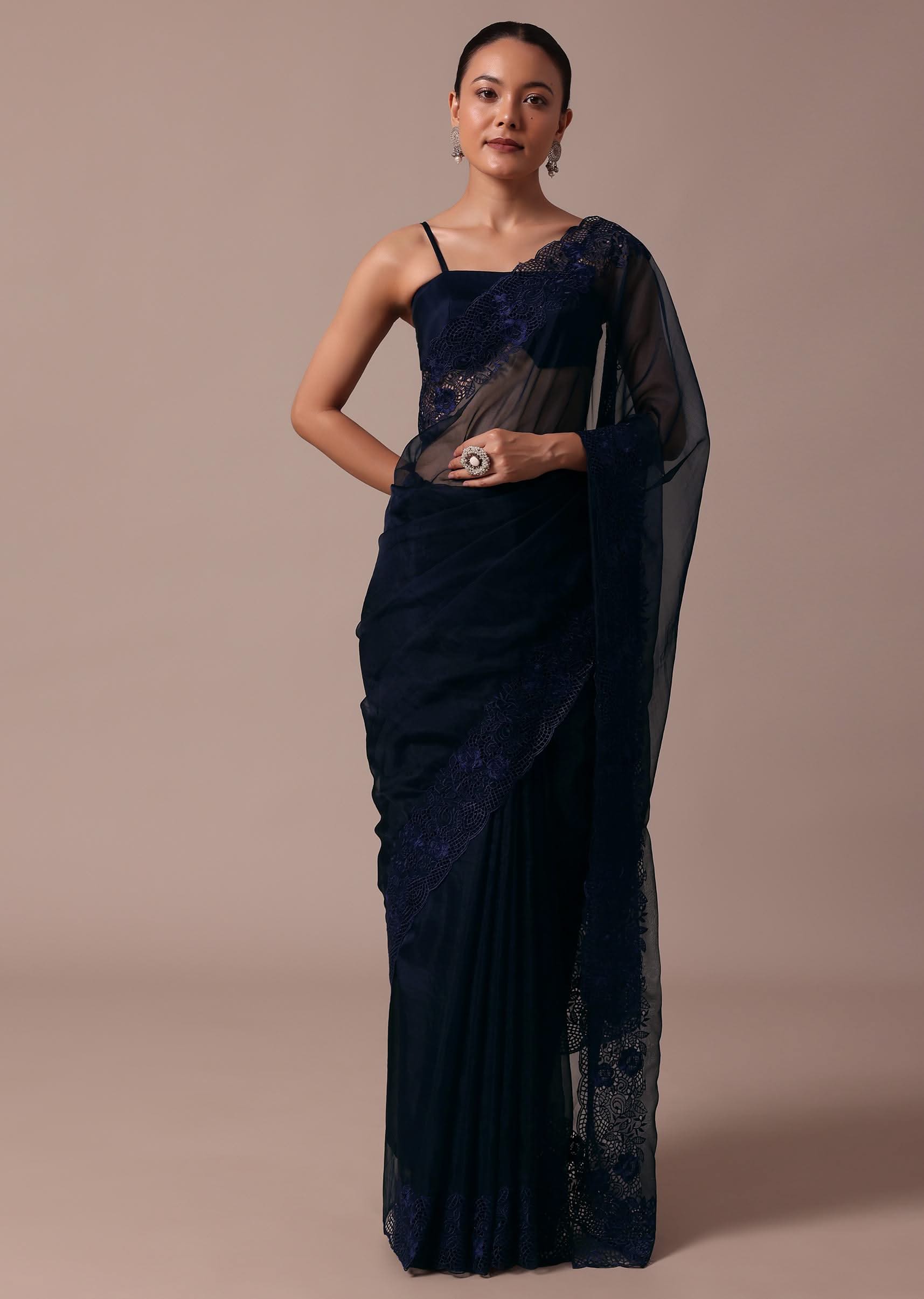 Buy Dark Blue Organza Embroidered Saree With Unstitched Blouse| KALKI ...