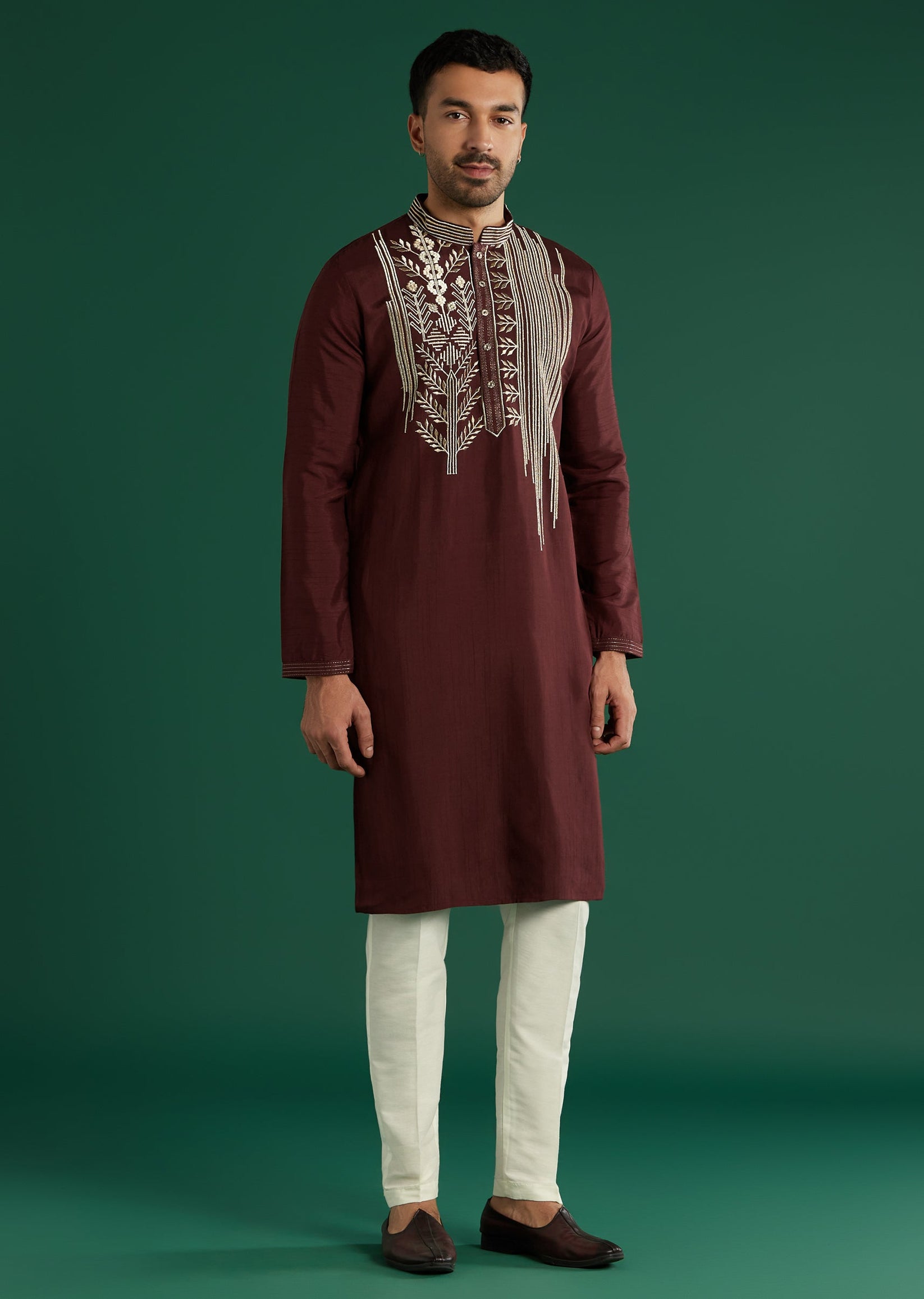Buy Deep Maroon Silk Kurta Set For Men With Gota Work | KALKI Fashion ...