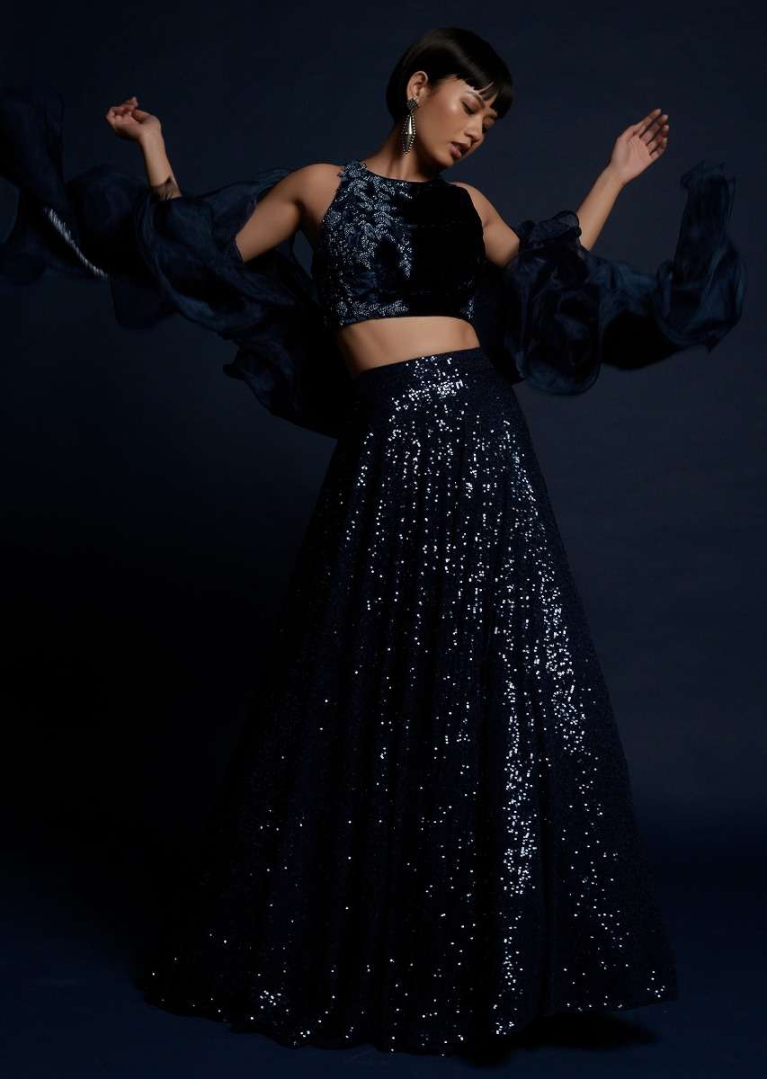 Navy Blue Lehenga Embellished In Sequins With Cut Dana Embellished Cro ...