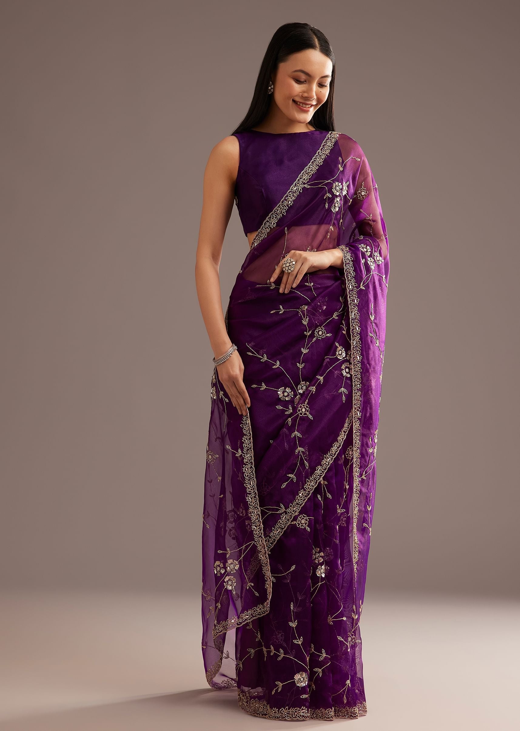Purple Organza Tissue Saree With Sequins And Cutdana Jaal| KALKI ...