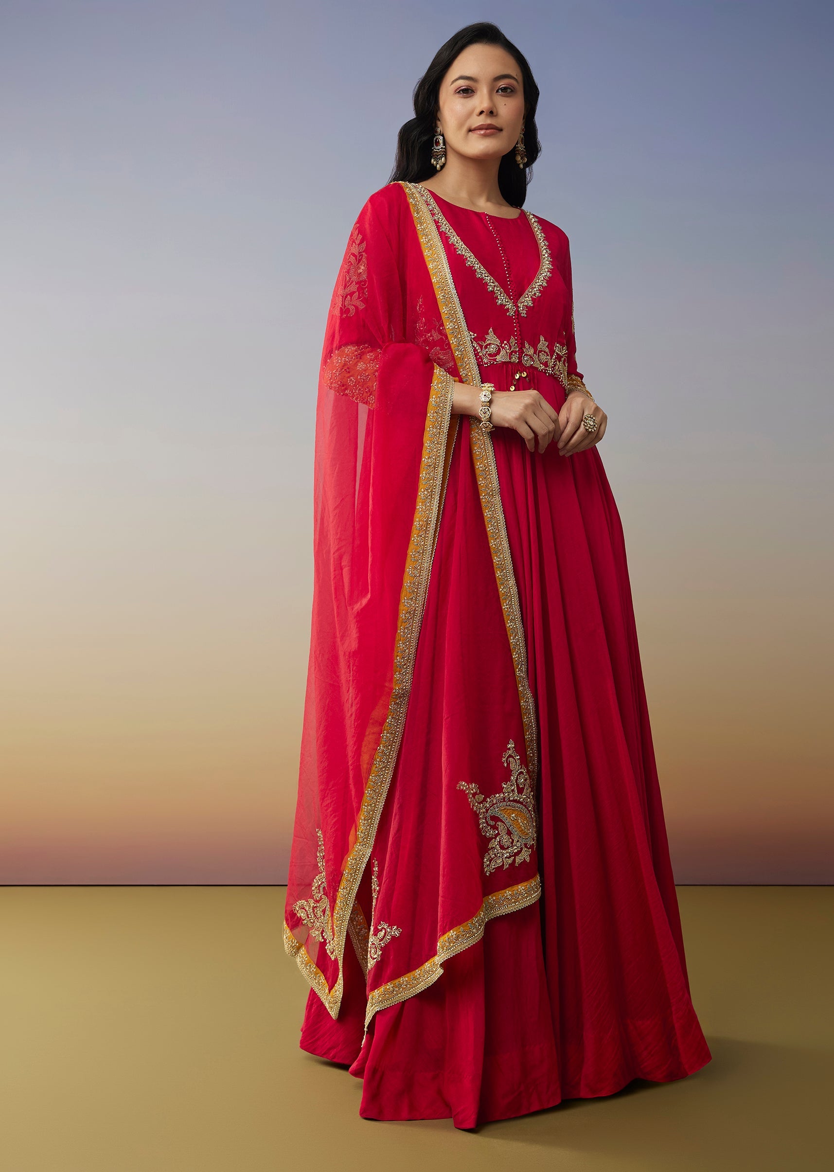 Buy Red Chanderi Anarkali Suit with Zari Moti Work | KALKI Fashion USA ...