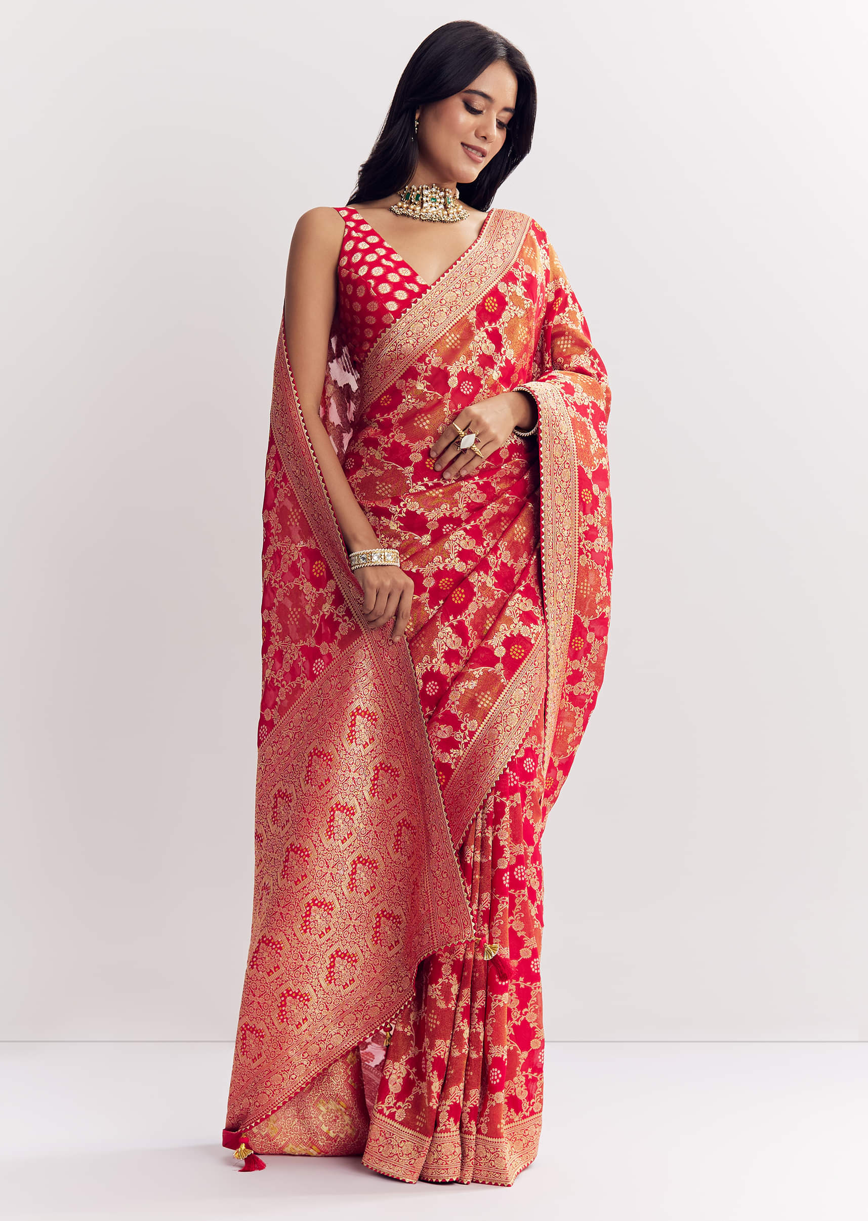 Buy Red Shaded Dola Silk Saree With Zari Jaal Work| KALKI Fashion USA