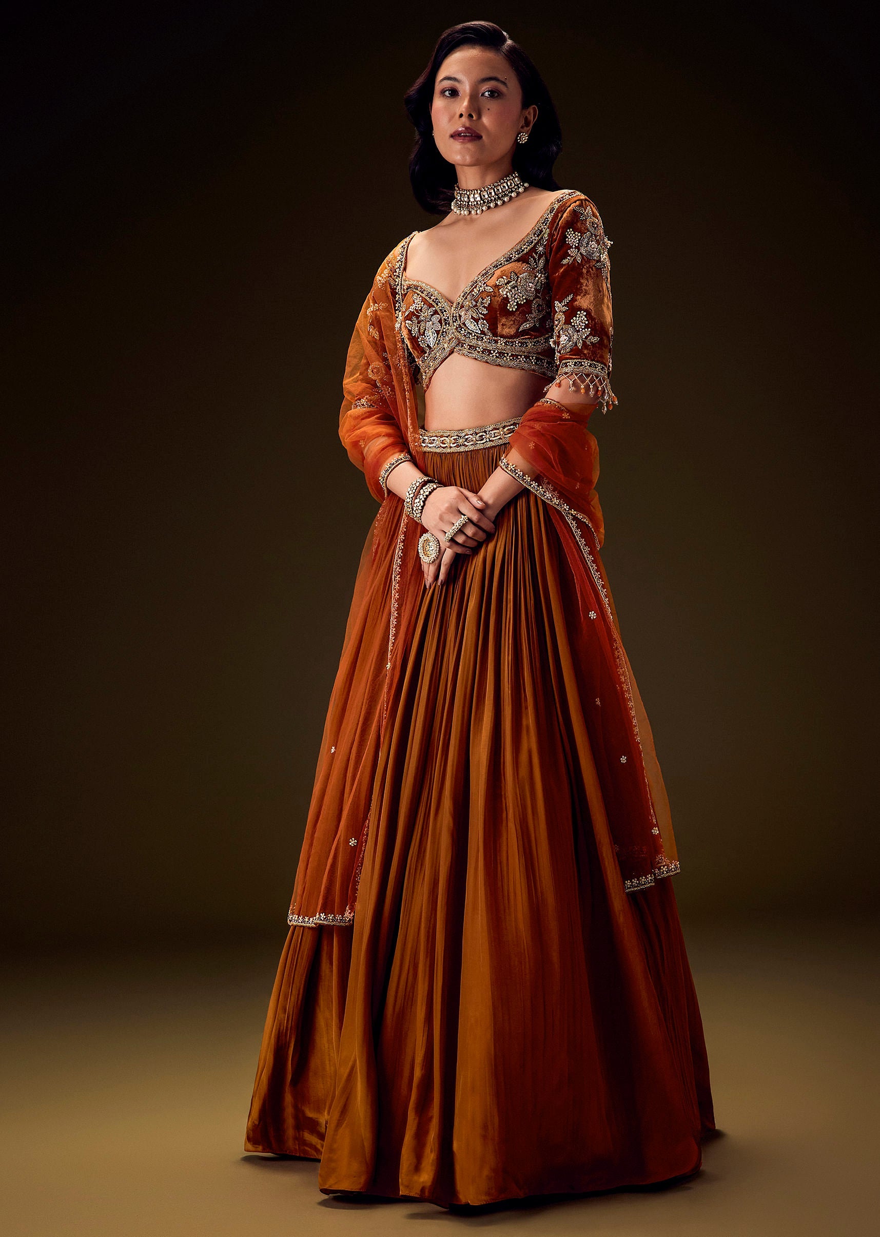 Rust Color Rushing Lehenga With Hand Embroidered Belt Blouse And ...