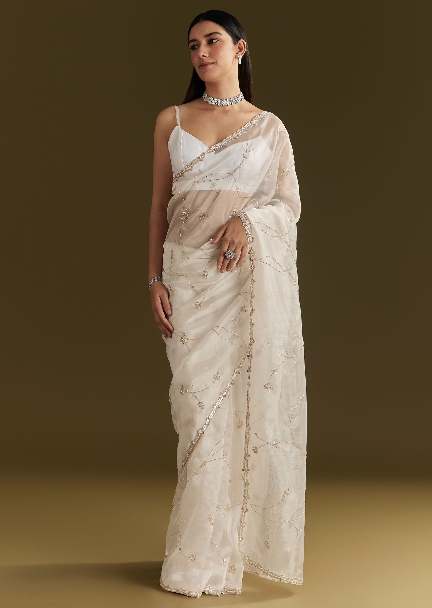 White Tissue Embroidered Saree With Scallop Border| KALKI Fashion USA