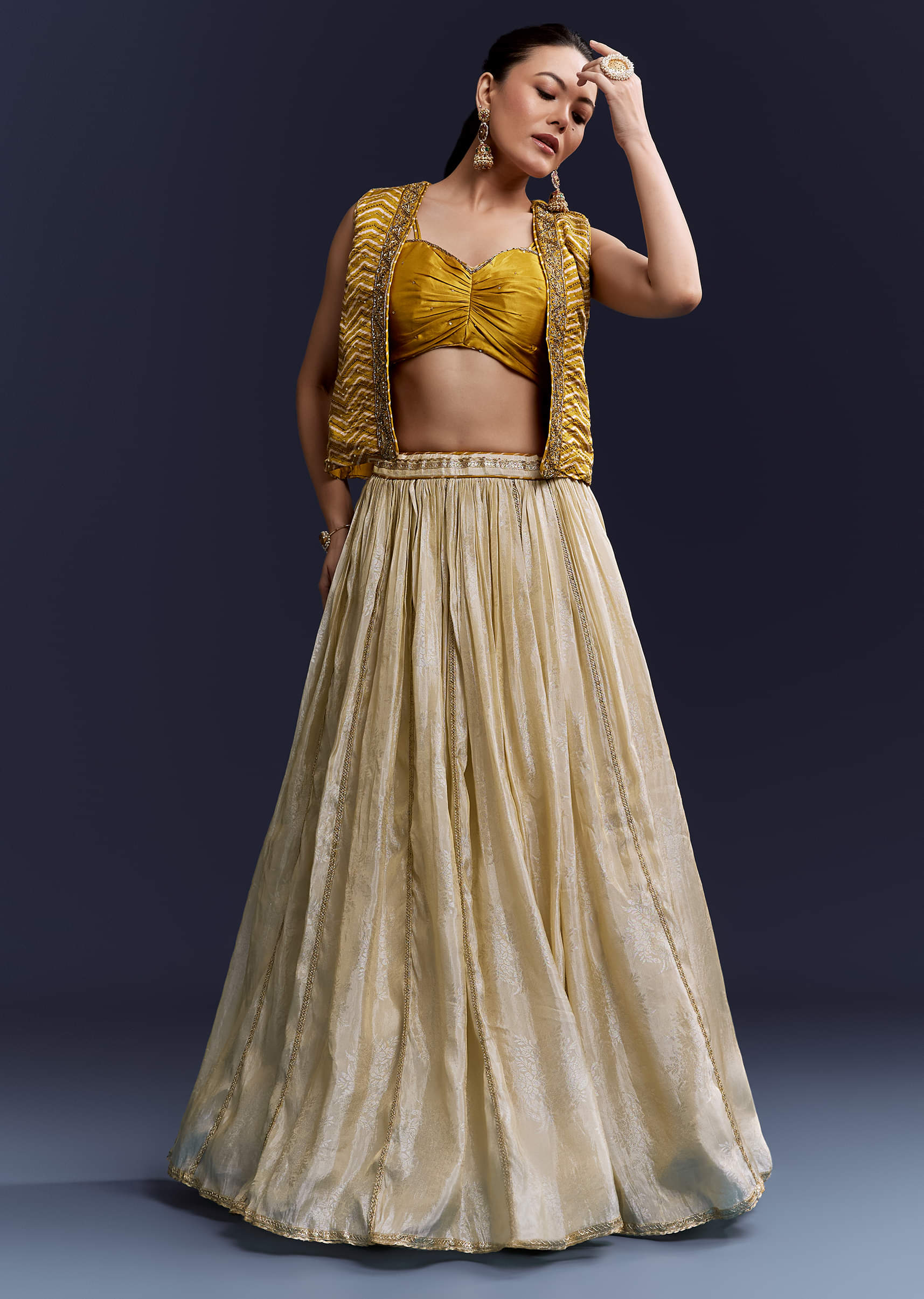 Buy Yellow Satin Festive Lehenga With Hand Dyed Chevron Print Jacket ...